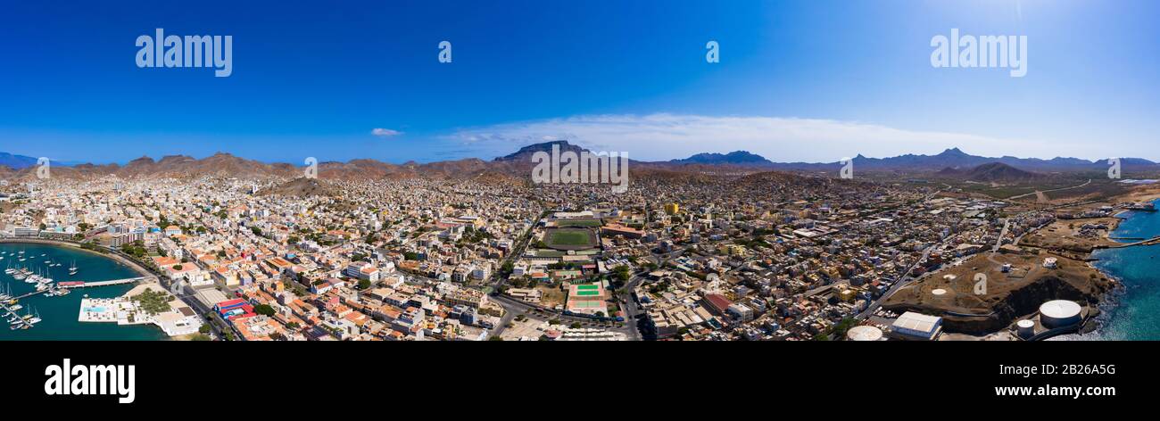 Aerial view of Laginha beach in Mindelo city in Sao Vicente Island in ...
