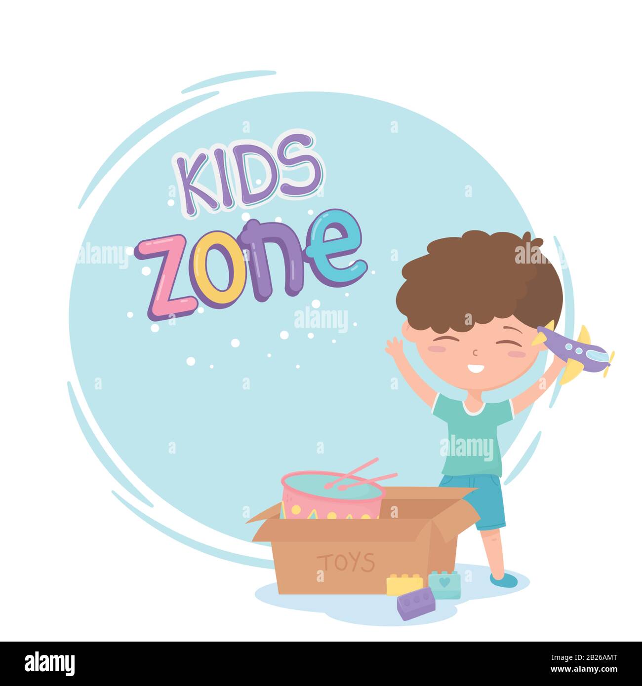 kids zone, cute little boy with plane and box with drum toys vector ...