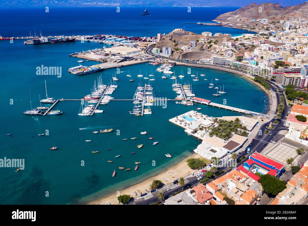 Aerial view of Laginha beach in Mindelo city in Sao Vicente Island in ...