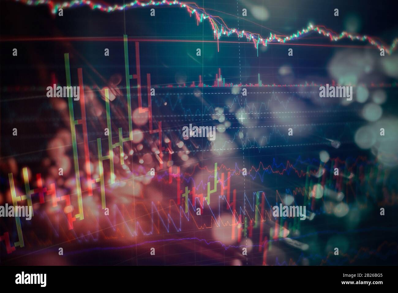 Charts of financial instruments with various type of indicators ...