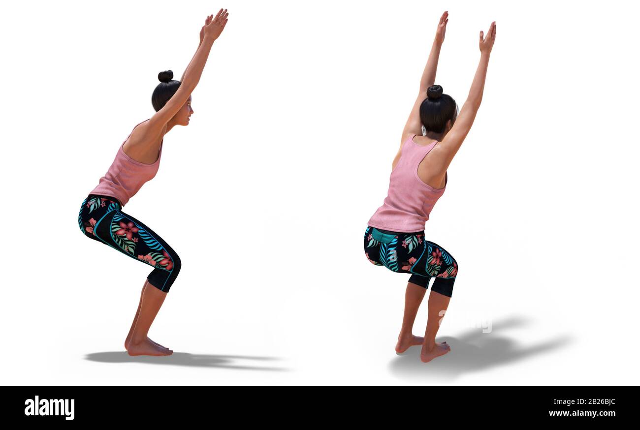 Back and Right Profile Poses of a virtual Woman in Yoga Chair Pose with ...