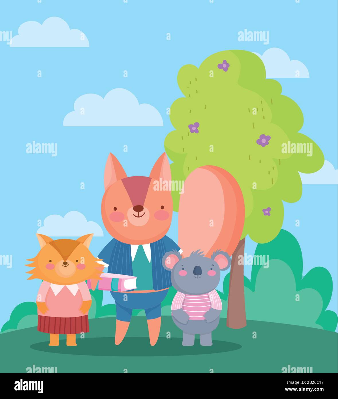 back to school, squirrel koala and fox students outdoors vector ...