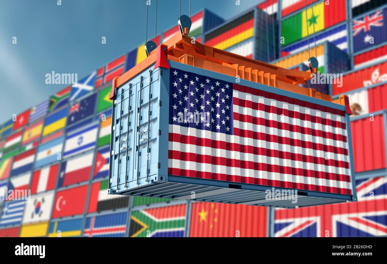 Freight container with USA flag. In the background container with ...