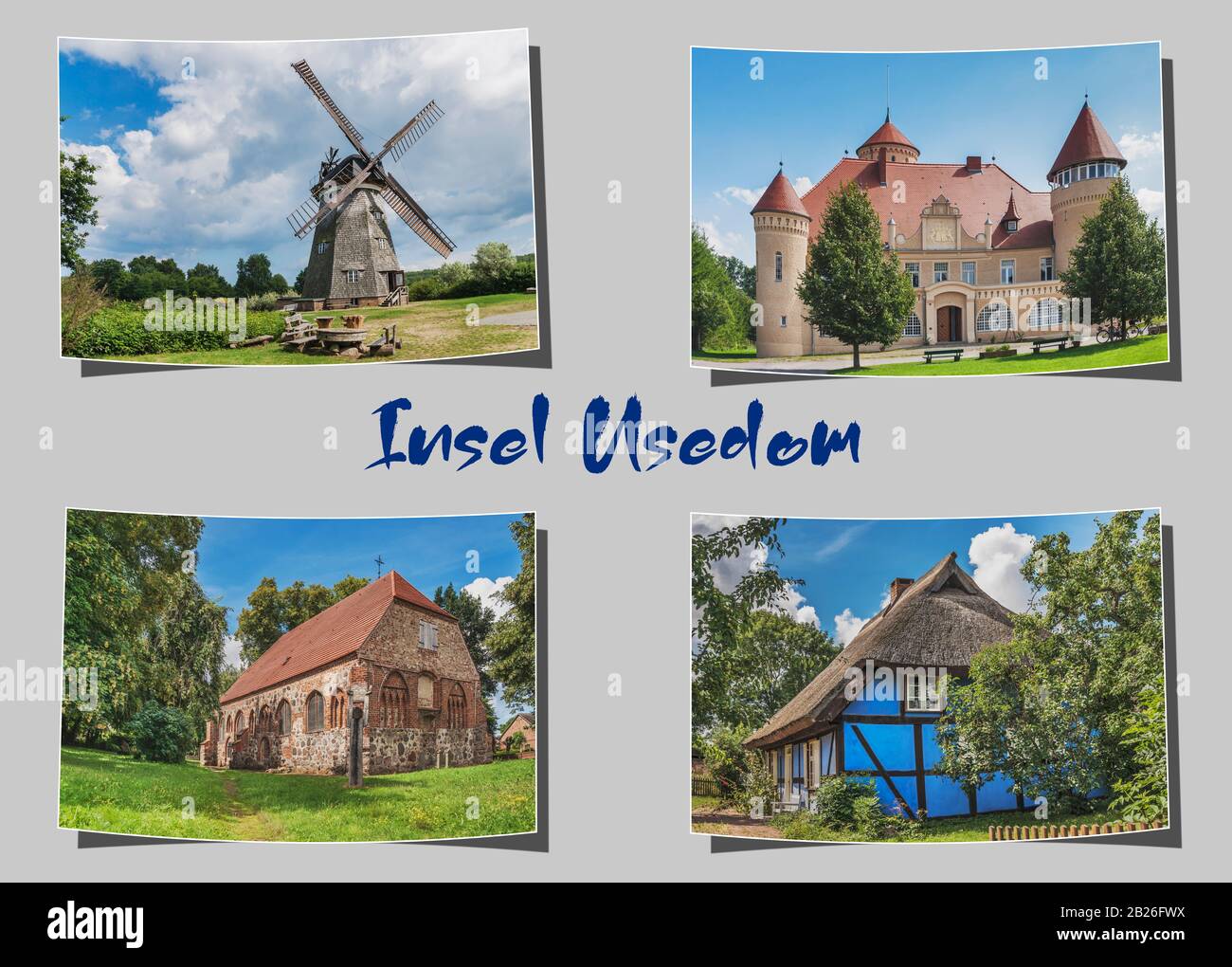 Four different curved photographs on grey background with the ...