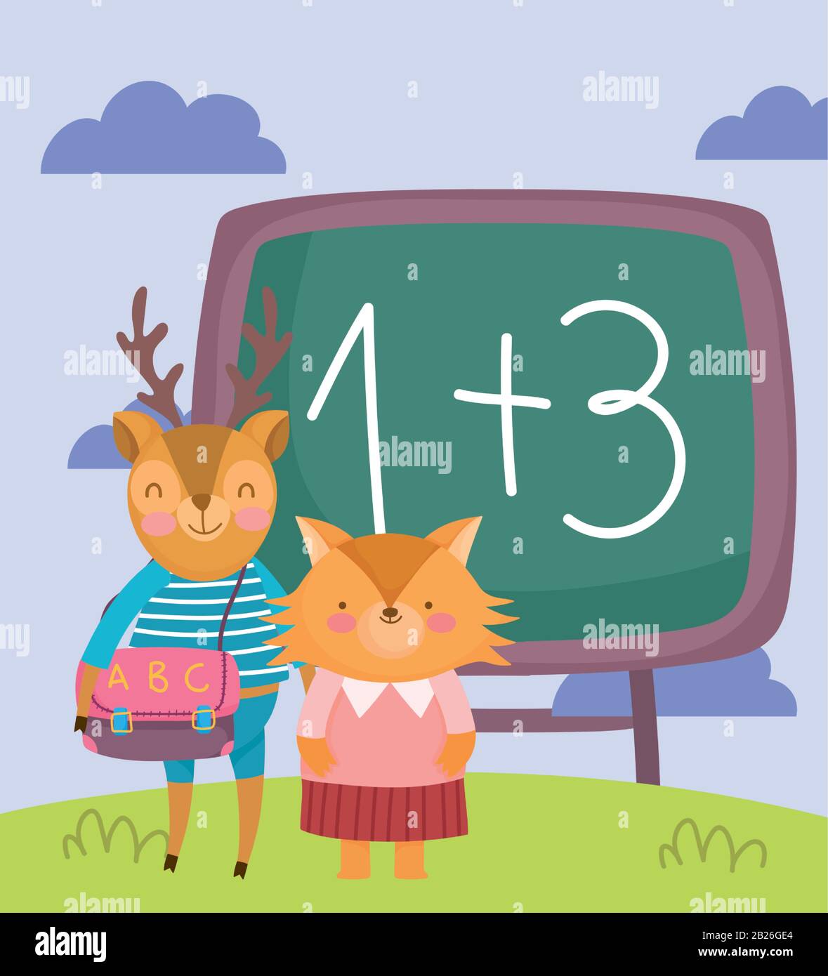 back to school, fox deer with bag and chalkboard outdoor vector ...