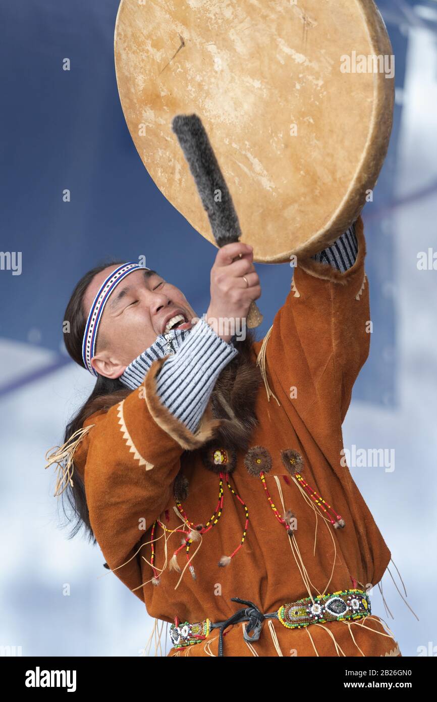 Aboriginal dancer in traditional clothes of native people dancing with ...