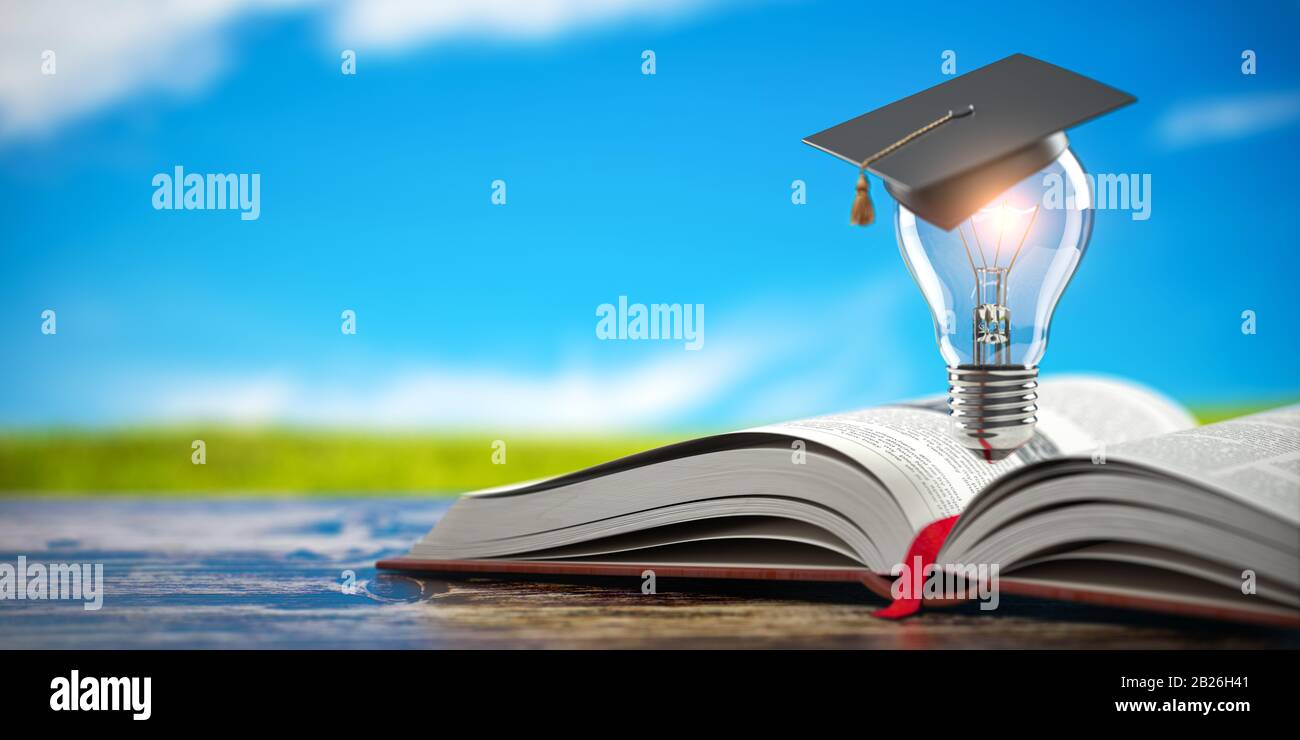 Open book with light bulb and graduation cap on blue sky background ...