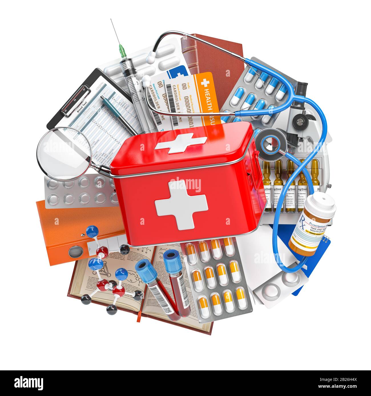 First aid kit with medical supplies and equipment, pills, drugs and ...
