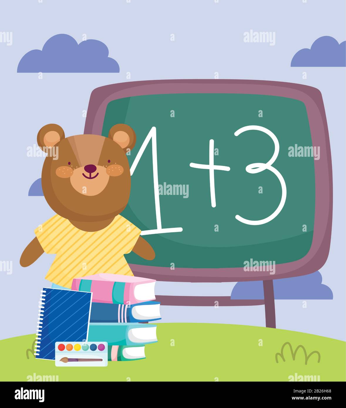 back to school, bear chalkboard books notepad palette color vector ...