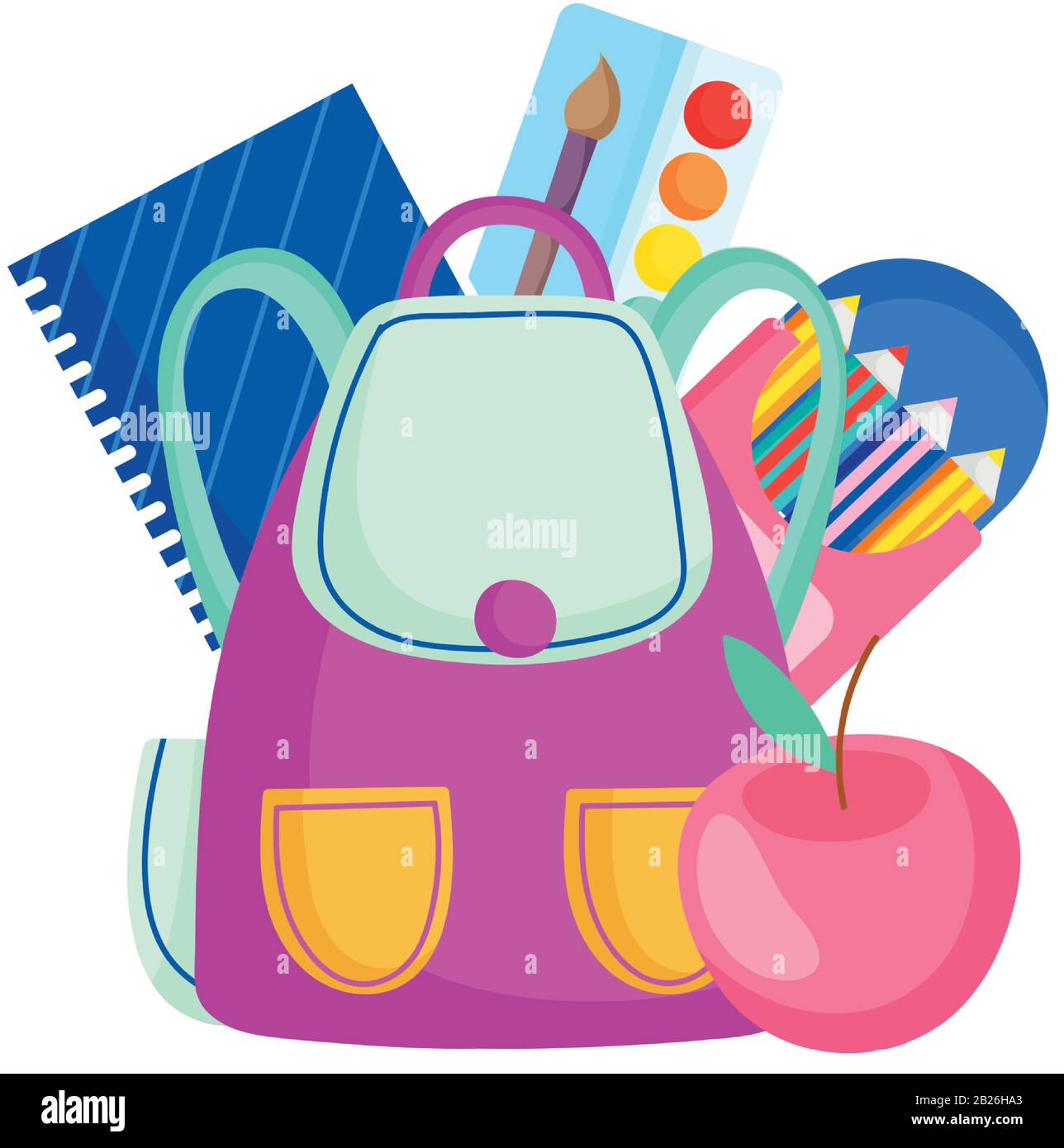 back to school backpack apple notepad pencils palette color vector ...