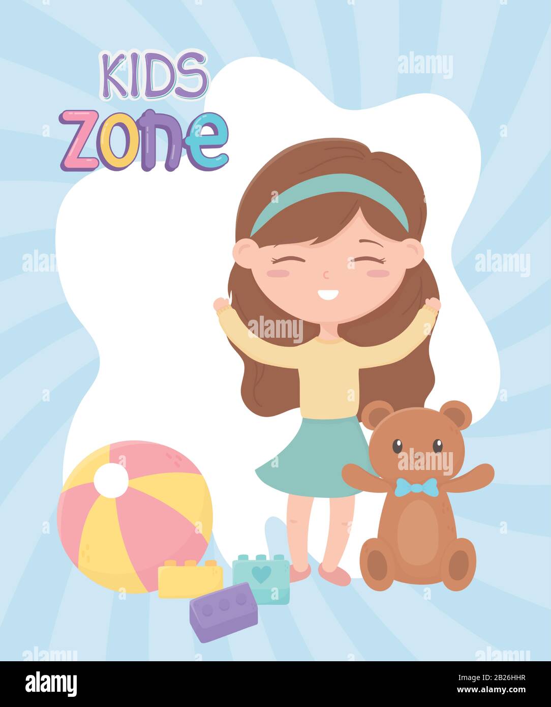 kids zone, cute little girl blocks ball and teddy bear toys vector ...