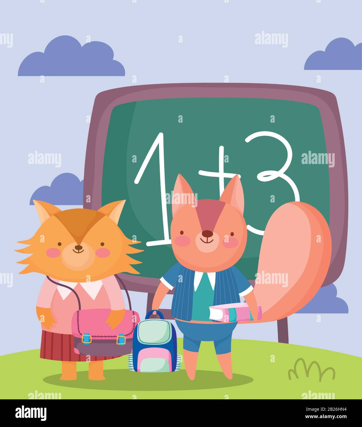 back to school, fox and squirrel chalkboard backpack book cartoon ...