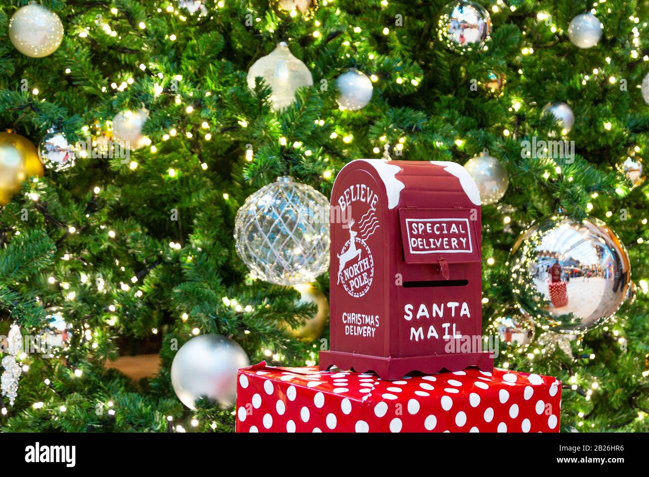 Santa Claus Mailbox and Christmas Tree Stock Photo - Alamy