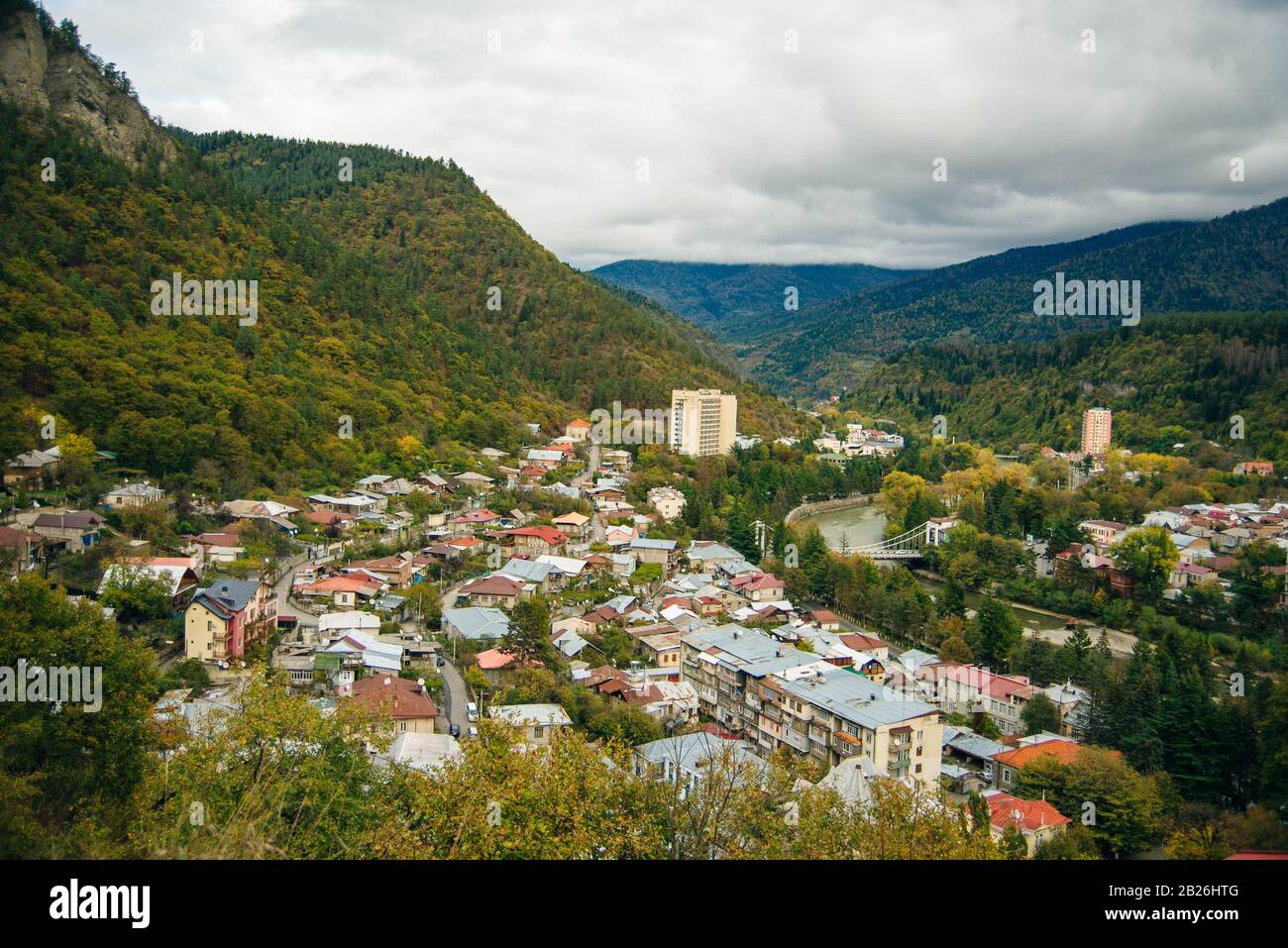 city Borjomi aerial view city landscape Borjomi resort town in South ...