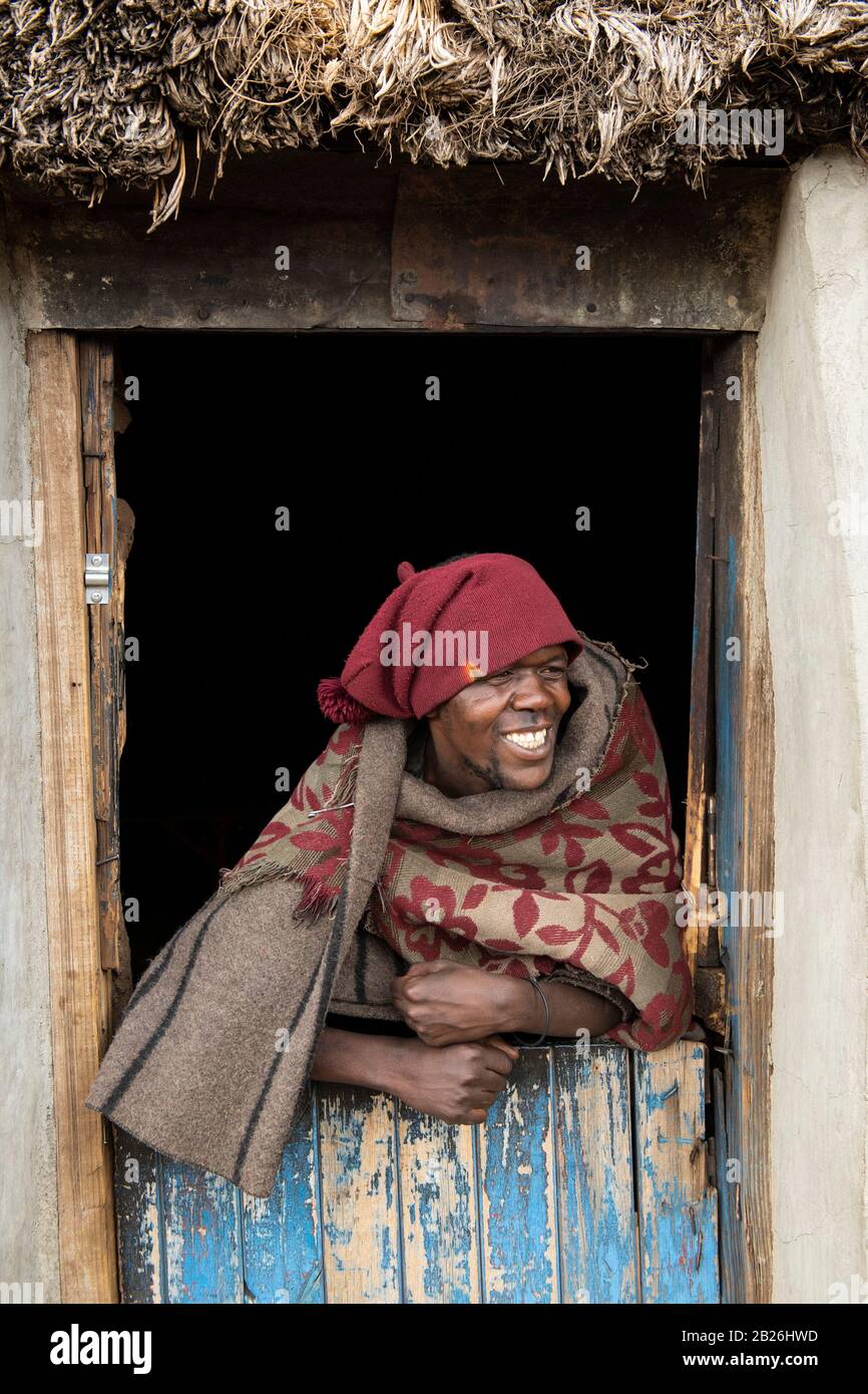Man at his hut in a Basotho village, Sani Top, Lesotho Stock Photo - Alamy