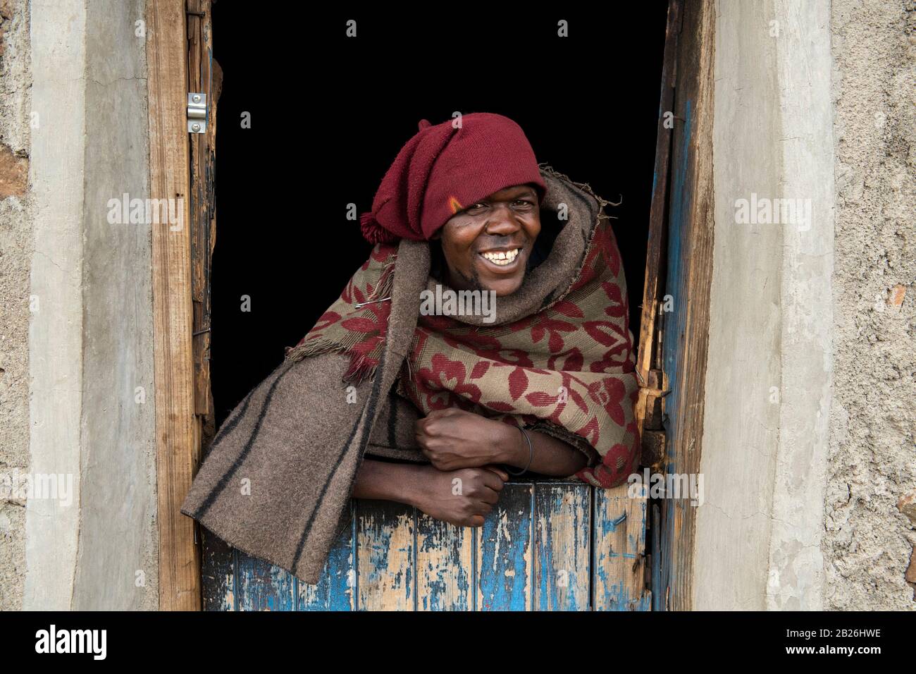 Man at his hut in a Basotho village, Sani Top, Lesotho Stock Photo - Alamy