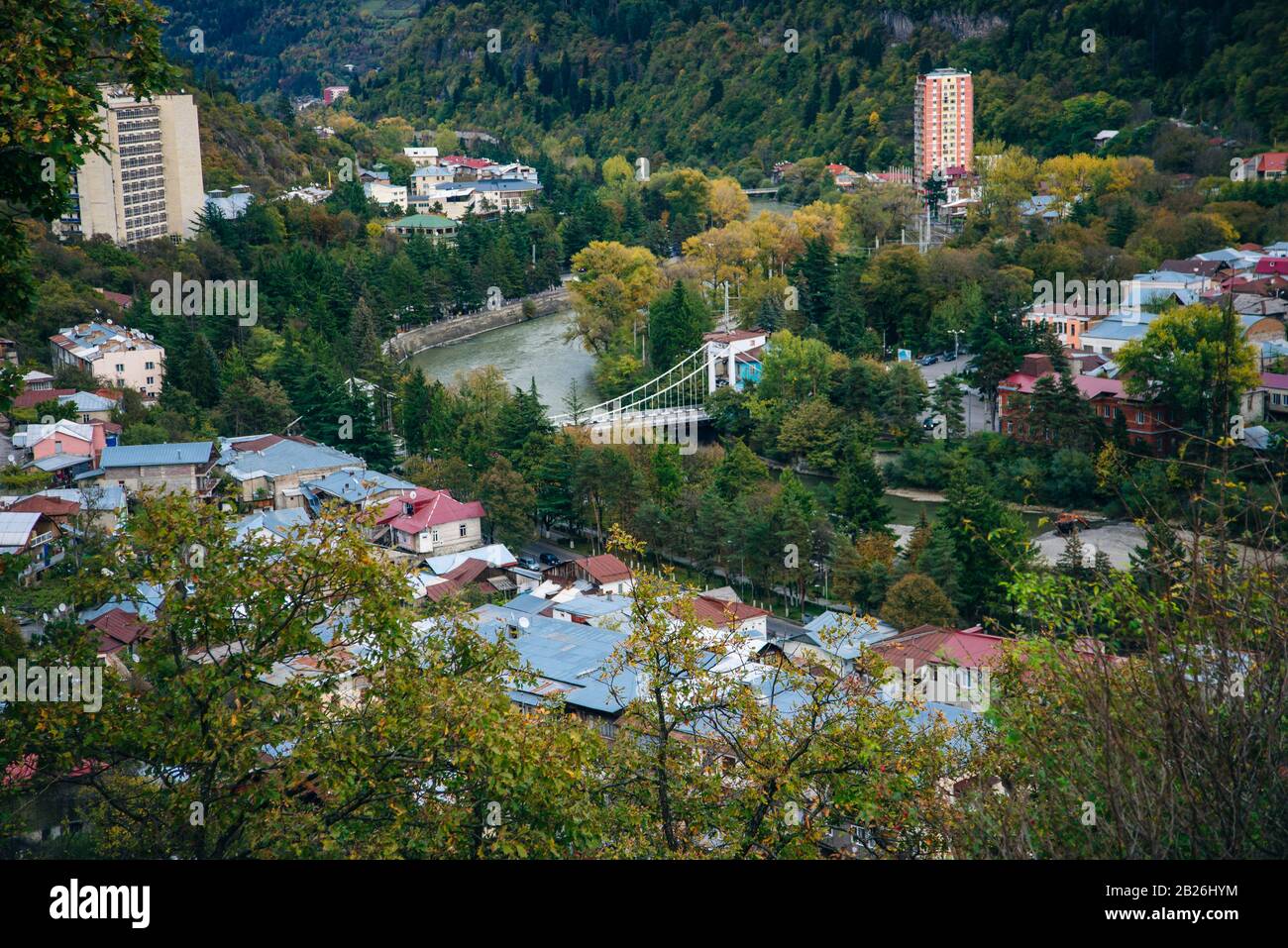 city Borjomi aerial view city landscape Borjomi resort town in South ...