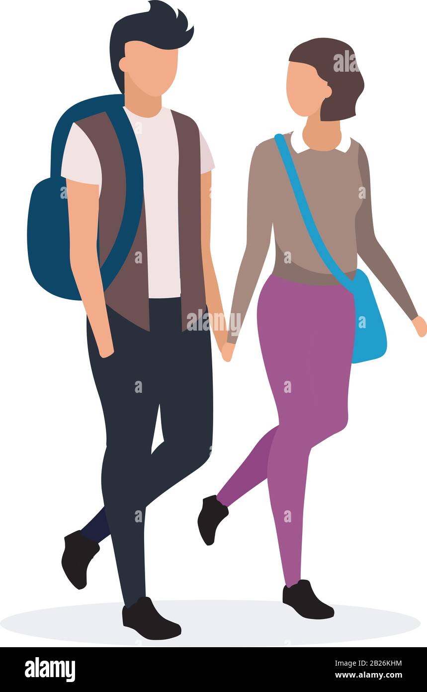 Happy students couple flat vector illustration. Teenage schoolboy and ...