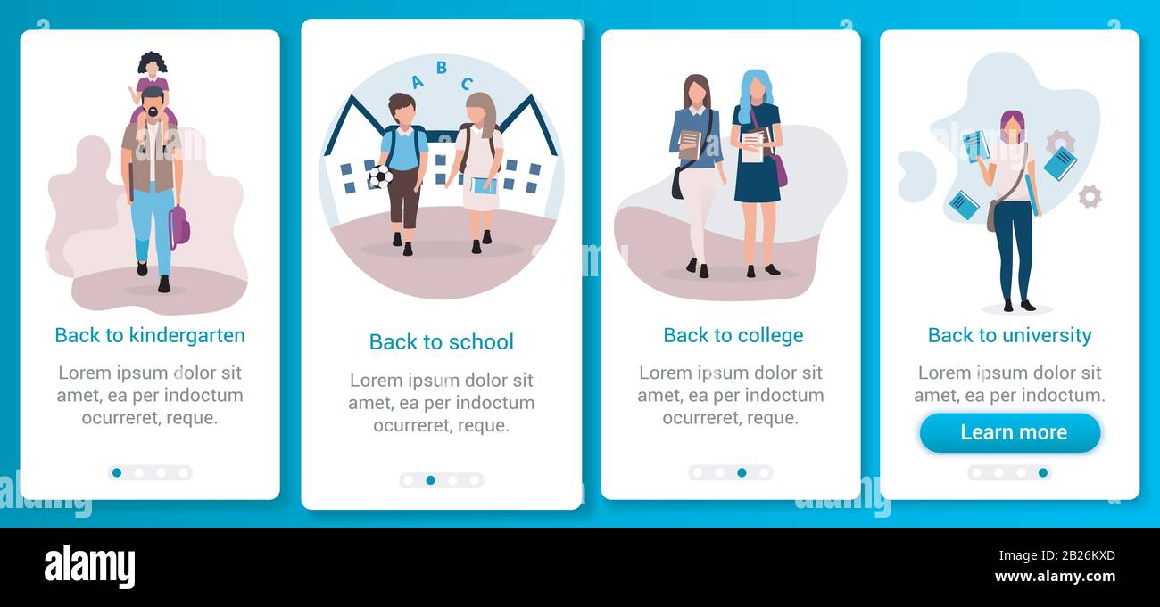 Students and schoolchildren onboarding mobile app screen template. Back ...
