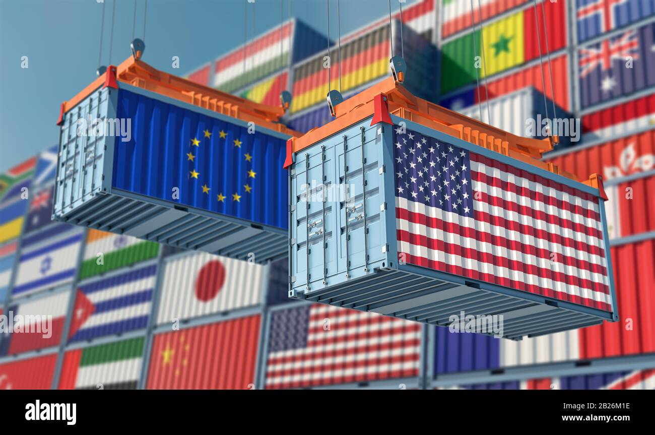Shipping containers with European Union and USA flag. 3D Rendering ...