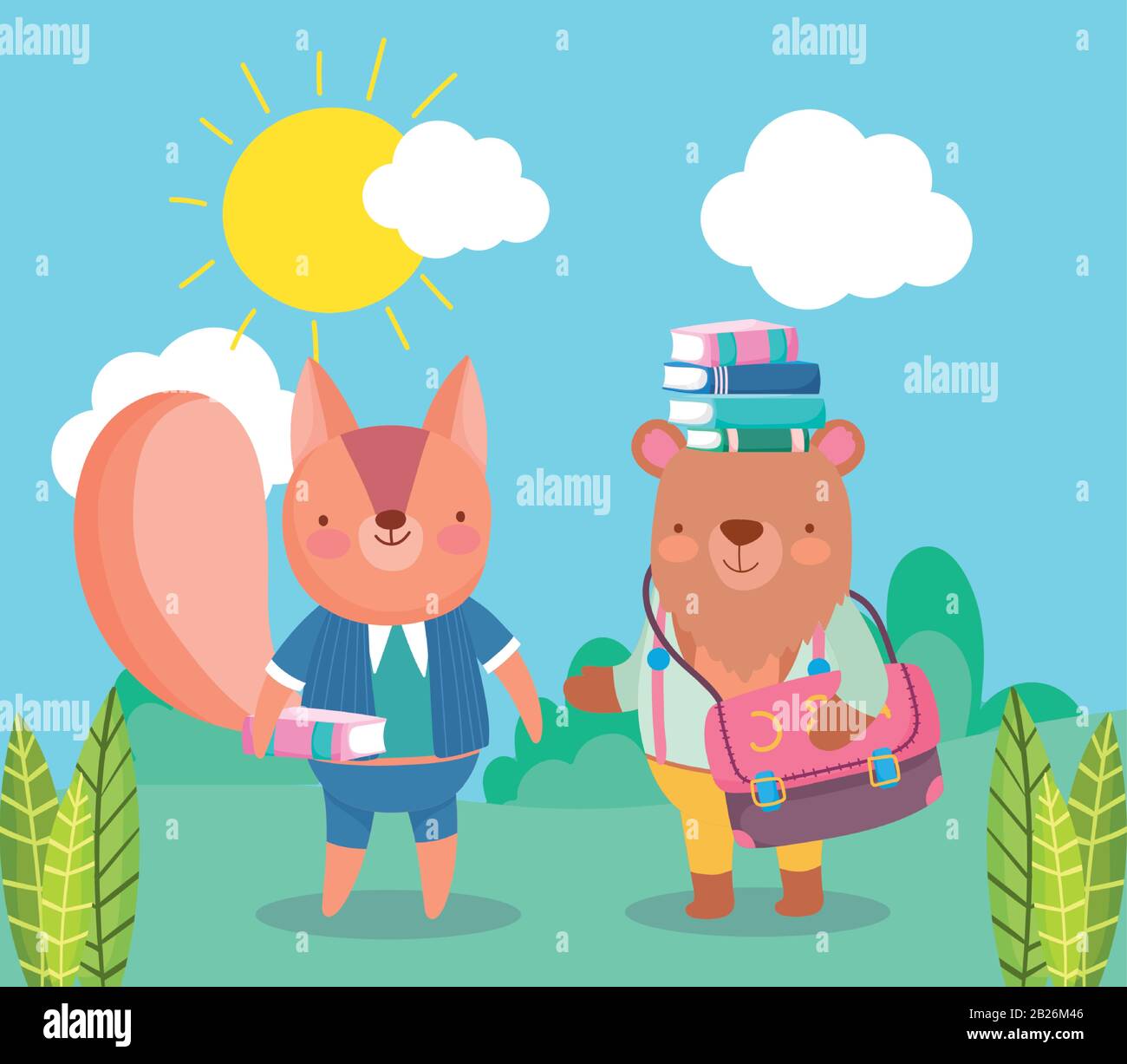 back to school, bear books in head backpack squirrel vector ...