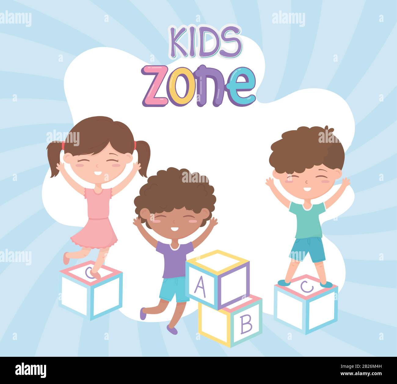 kids zone, cute little girl and boys playing with alphabet blocks toys ...