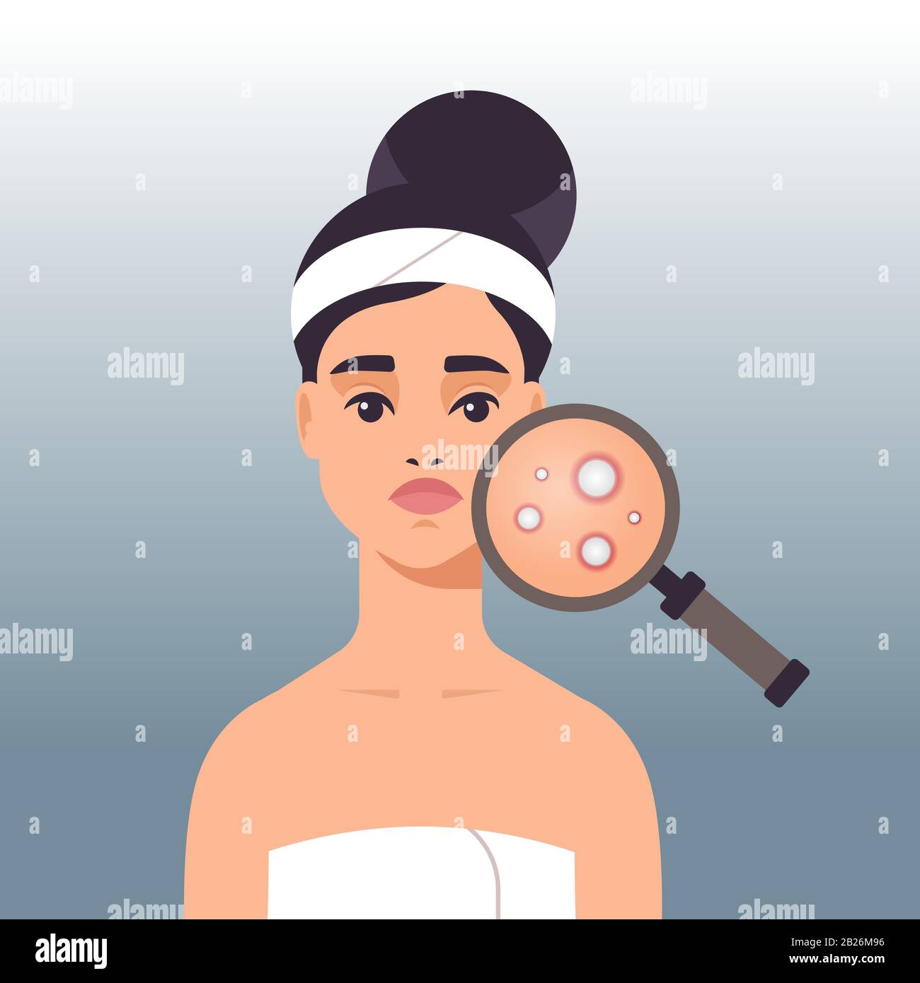 woman having facial skin problems girl using magnifier to find acne on ...