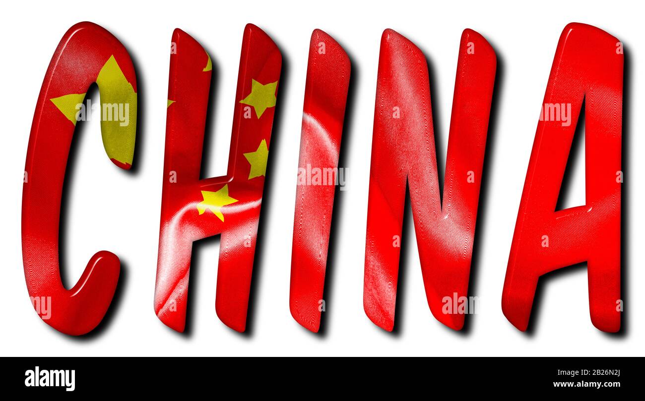 China word with a Chinese flag texture on an isolated white background ...