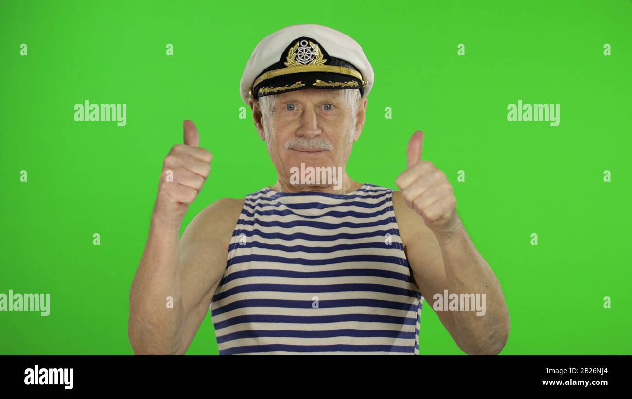Elderly sailor man show OK sign. Thumbs up. Old man with mustache in ...