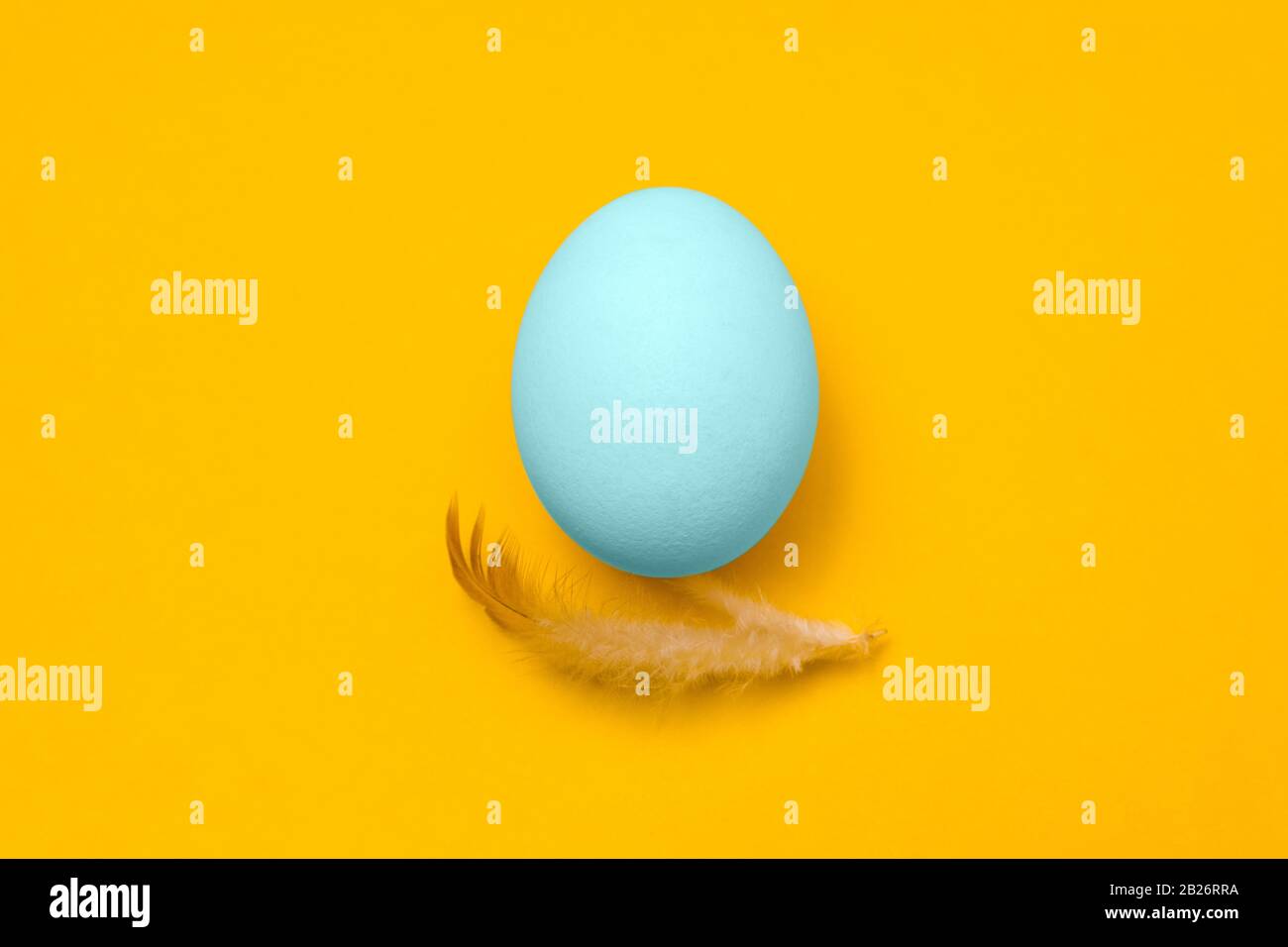easter advert. one blue egg and feather in center of yellow background ...