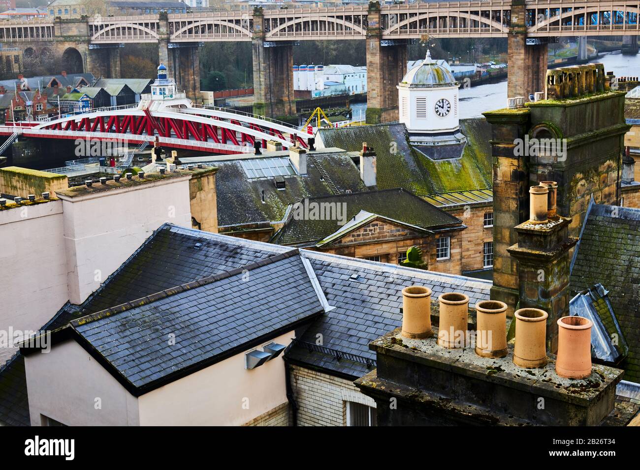 View over Newcastle rooftops to the Swing bridge and High Level bridge ...