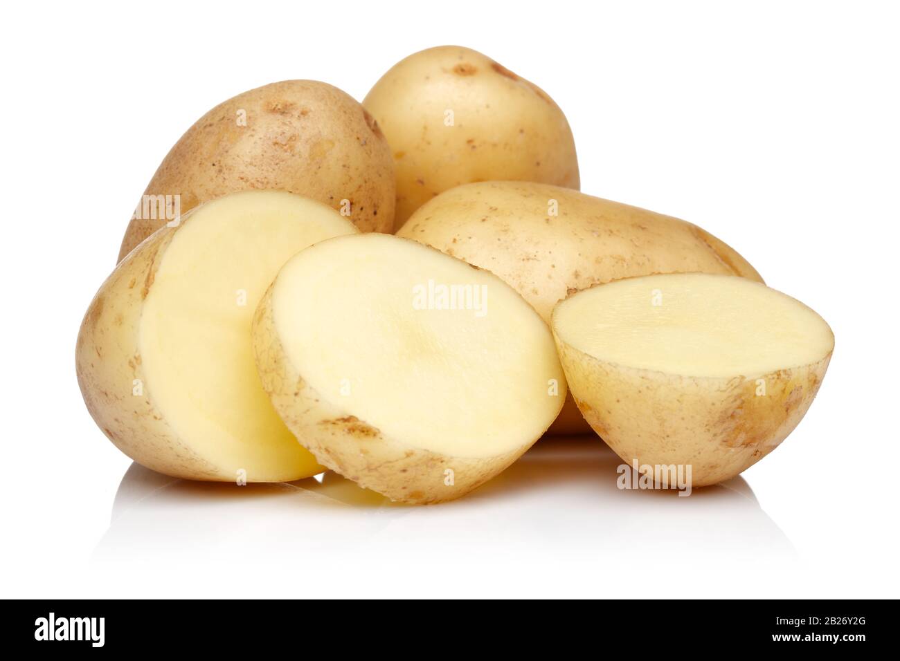Raw potatoes with slices isolated on white background Stock Photo - Alamy