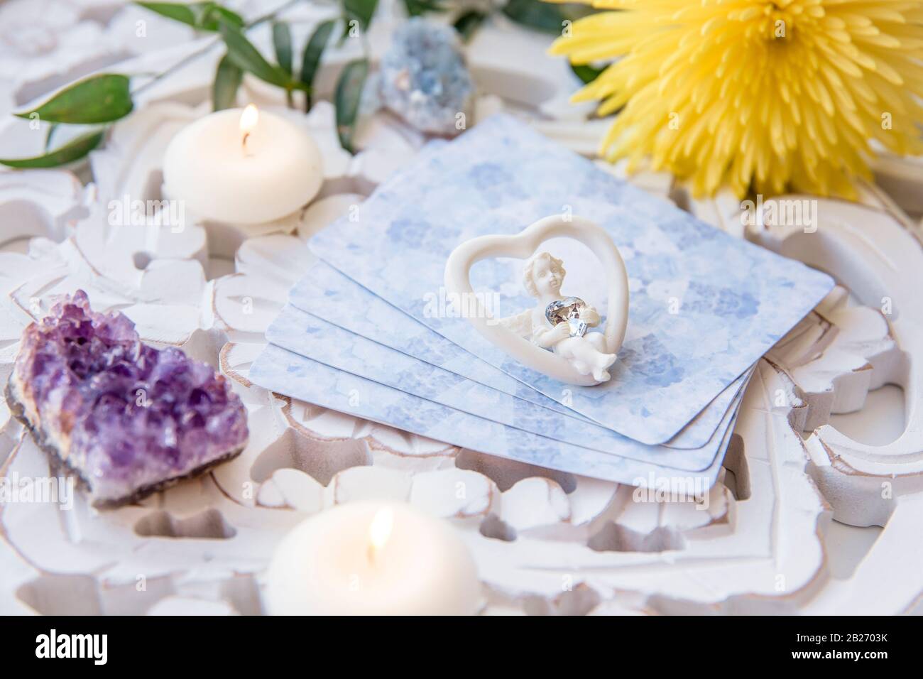 Deck with divination homemade Angel cards on bright white table ...