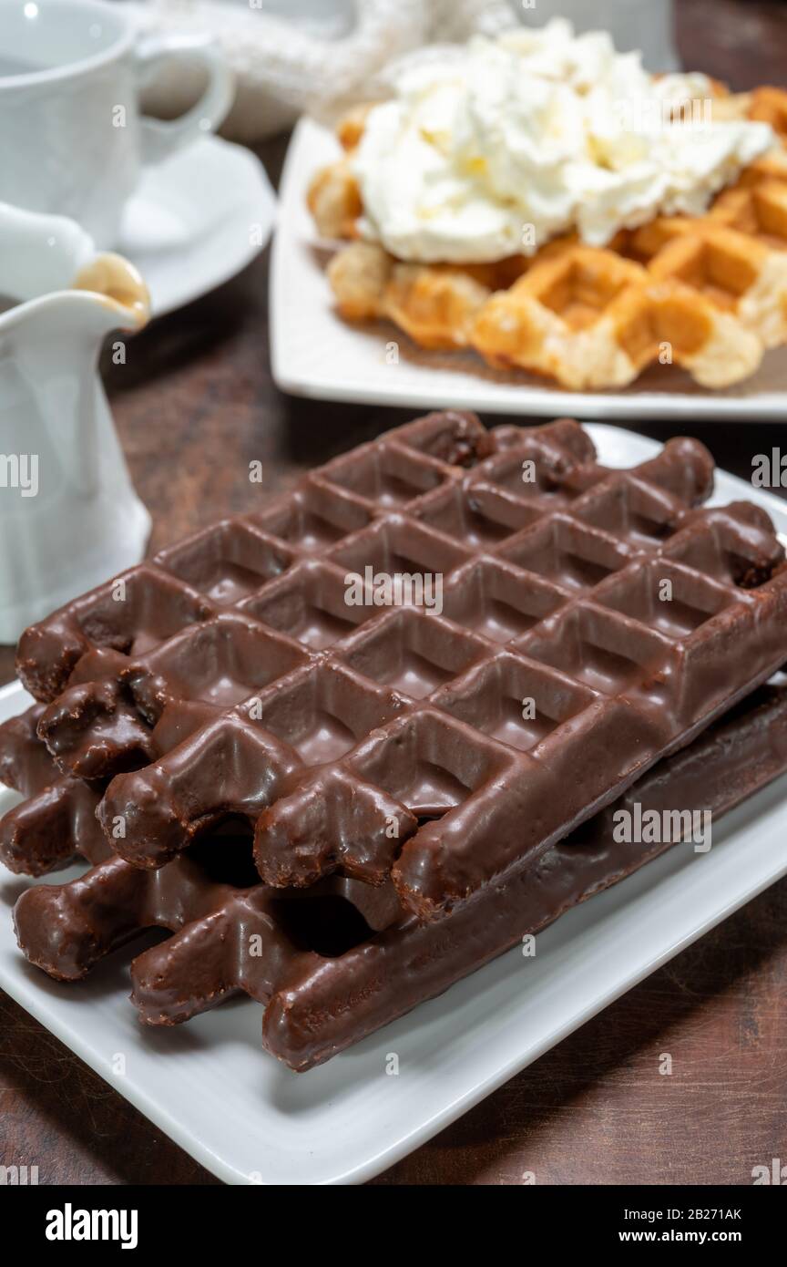 Tasty Belgian dessert, Brussels waffles with chocolade and whipped ...