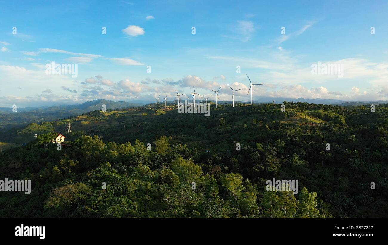 Aerial view of wind turbines and wind mills for electric power ...