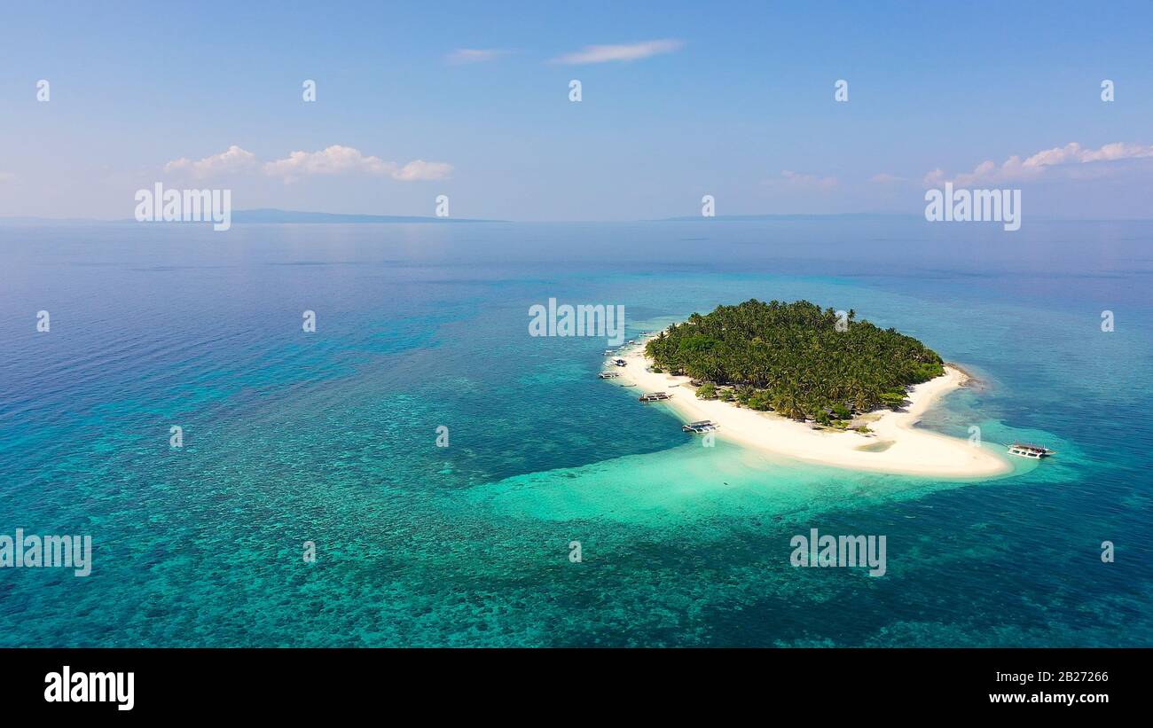 Palm trees and turquoise water on a tropical island, top view. White ...