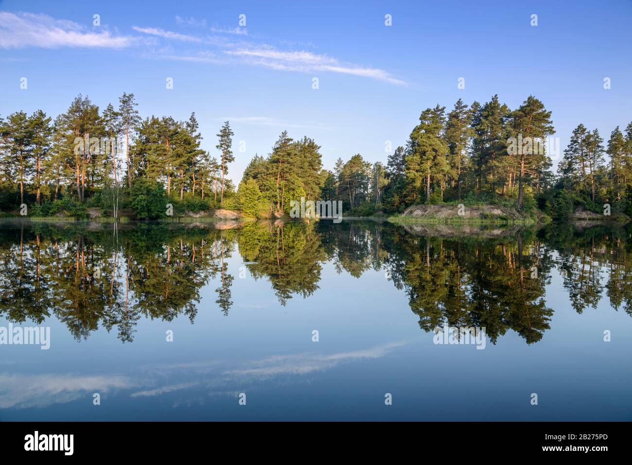 Symmetrical landscape: woods and blue sky reflect in the lake Stock ...