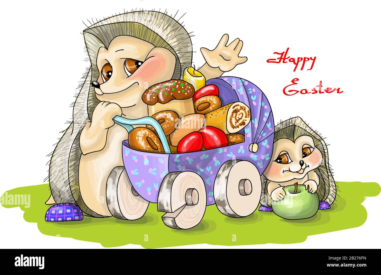 vector illustrations ,Happy Easter,two hedgehogs carry a stroller with ...