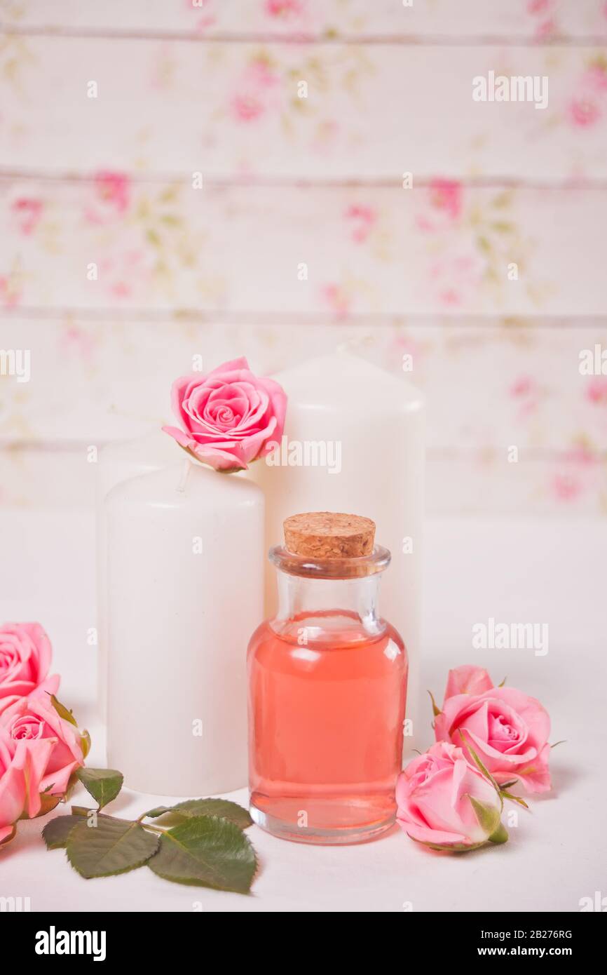 Aroma rose water for skincare, essential oils, spa beauty care Stock ...