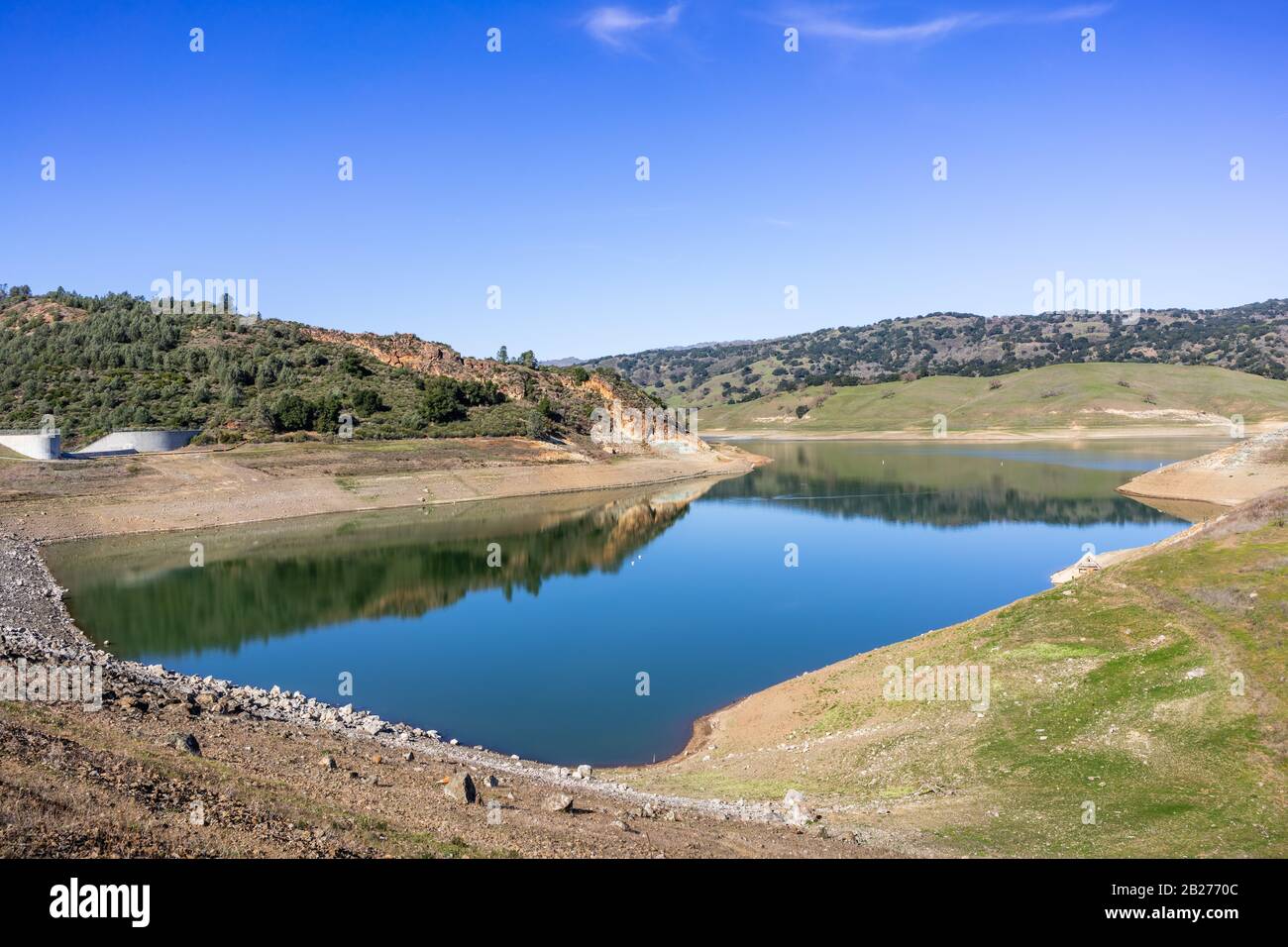 High angle view of Anderson Reservoir, a man made lake in Morgan Hill ...