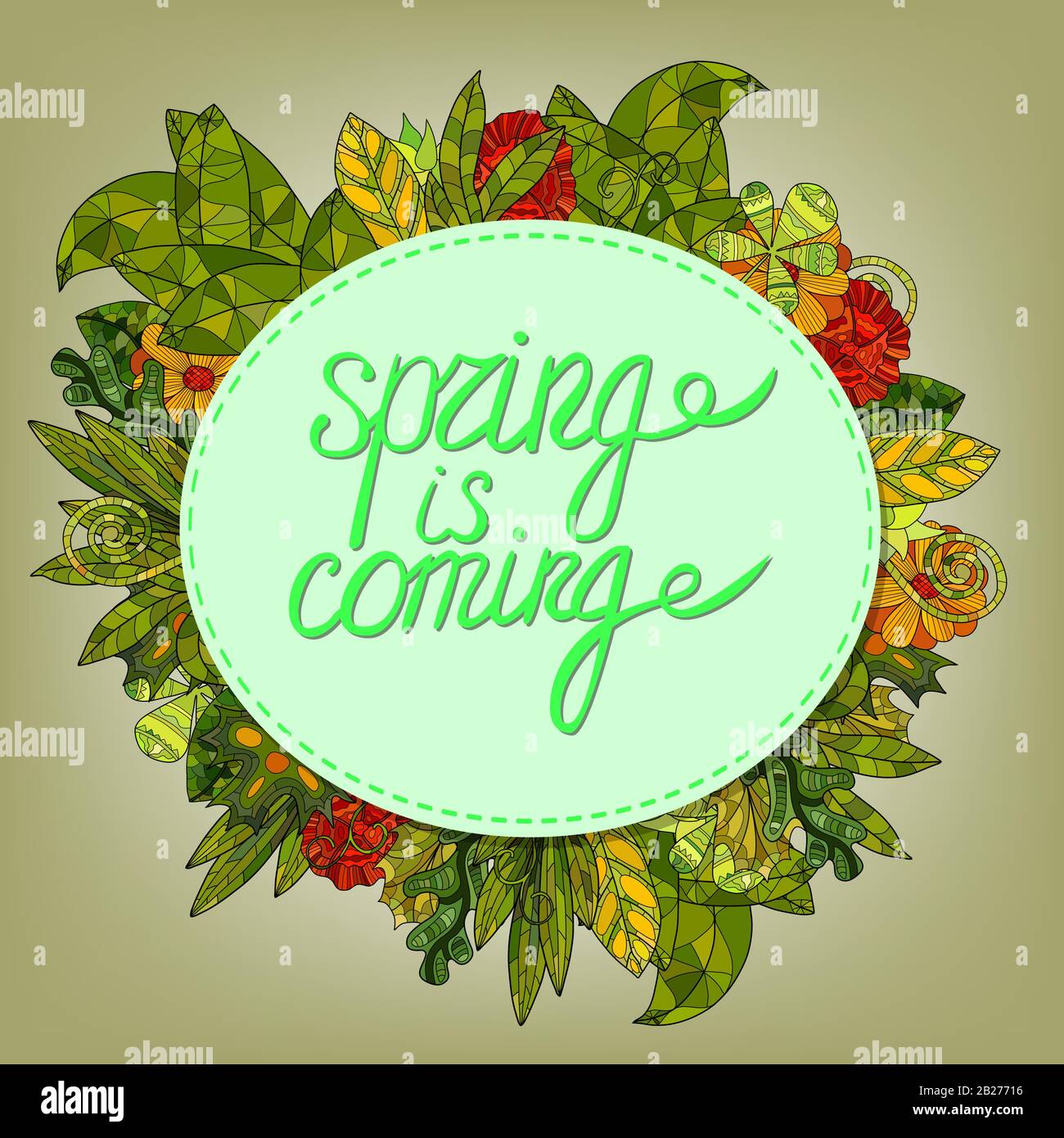 spring lettering greeting card with cartoon flowers and leaves - spring ...