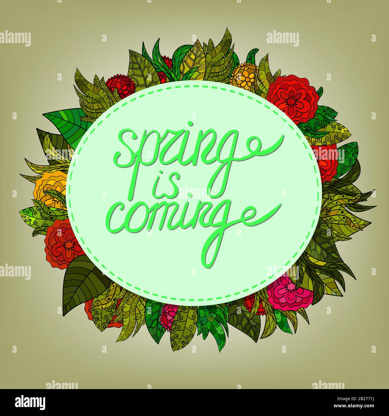 spring lettering greeting card with cartoon flowers and leaves - spring ...