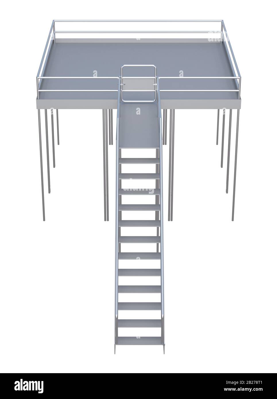 industrial staircase with platform isolated on white front view. 3d ...