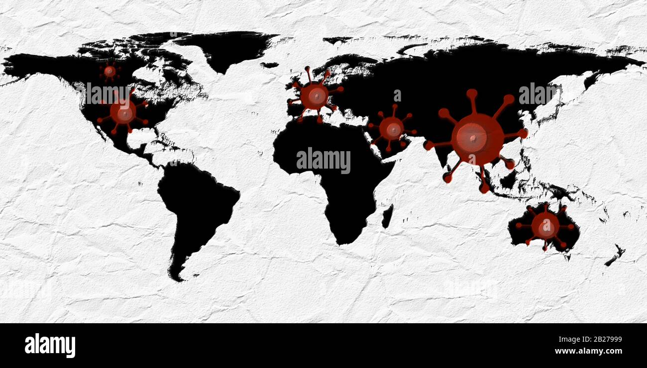 World map view on corona virus spots with kirlian aura photography ...