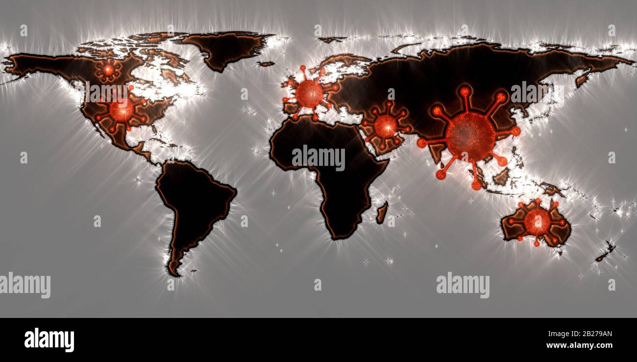 World map view on corona virus spots with kirlian aura photography ...