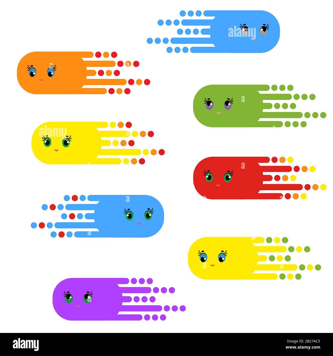A set of flying fantastic characters of bright colors. Simple flat ...