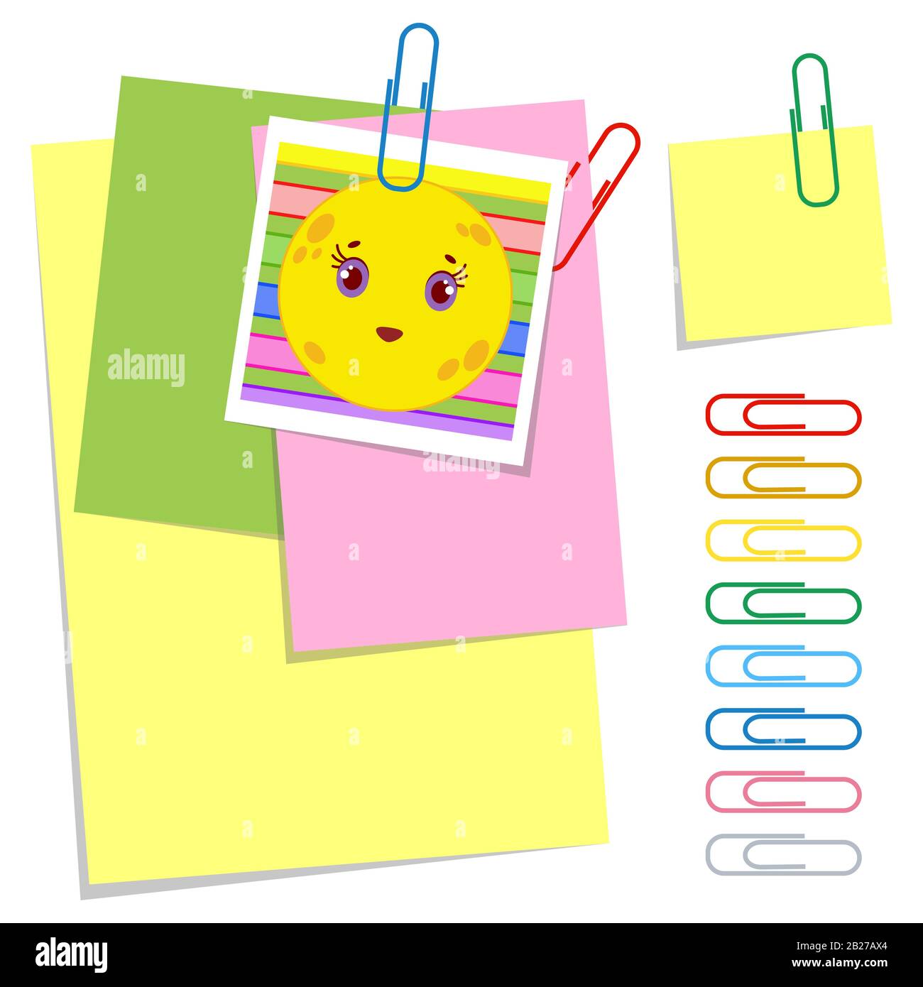 A set of colored office sticky and ordinary sheets and paper clips ...