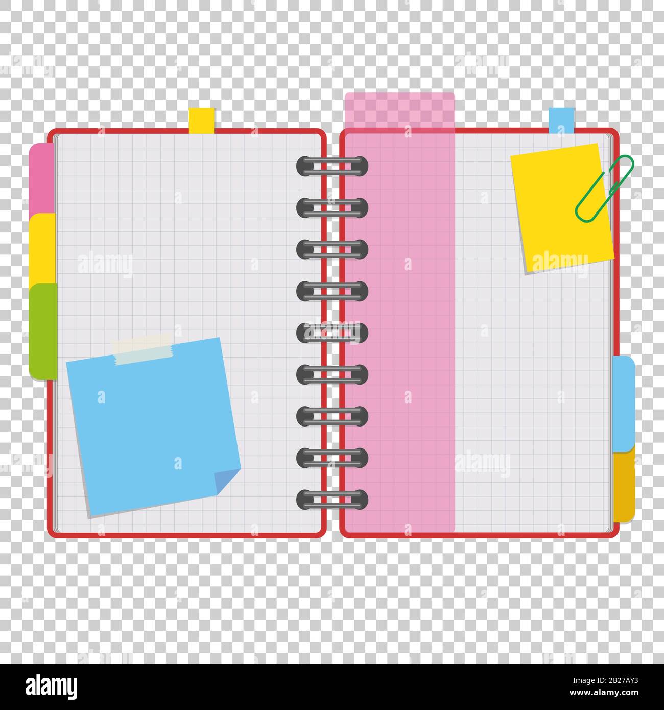 Color open notepad on rings with blank sheets and bookmarks between ...