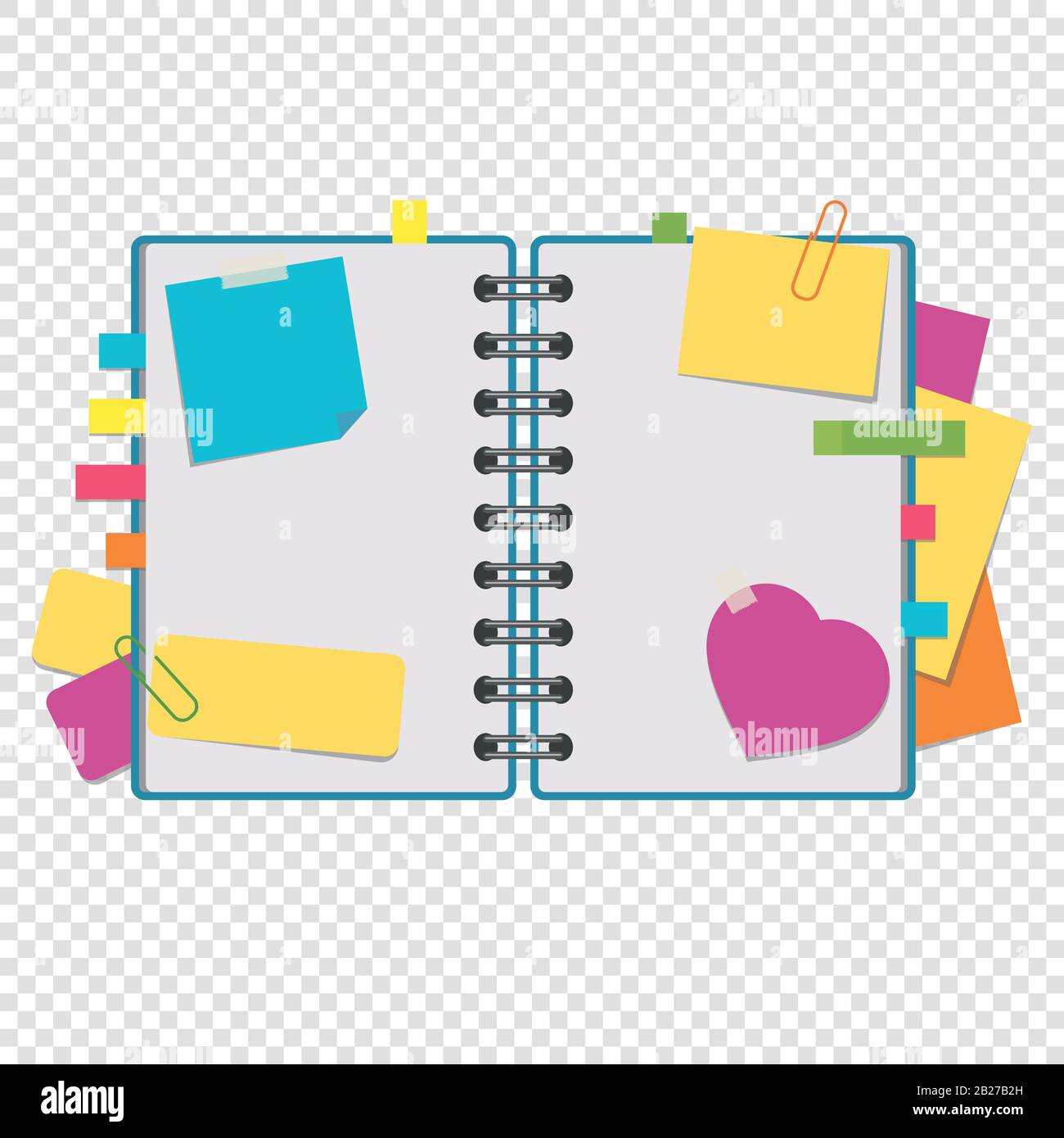 Color open notepad on rings with blank sheets and bookmarks between ...
