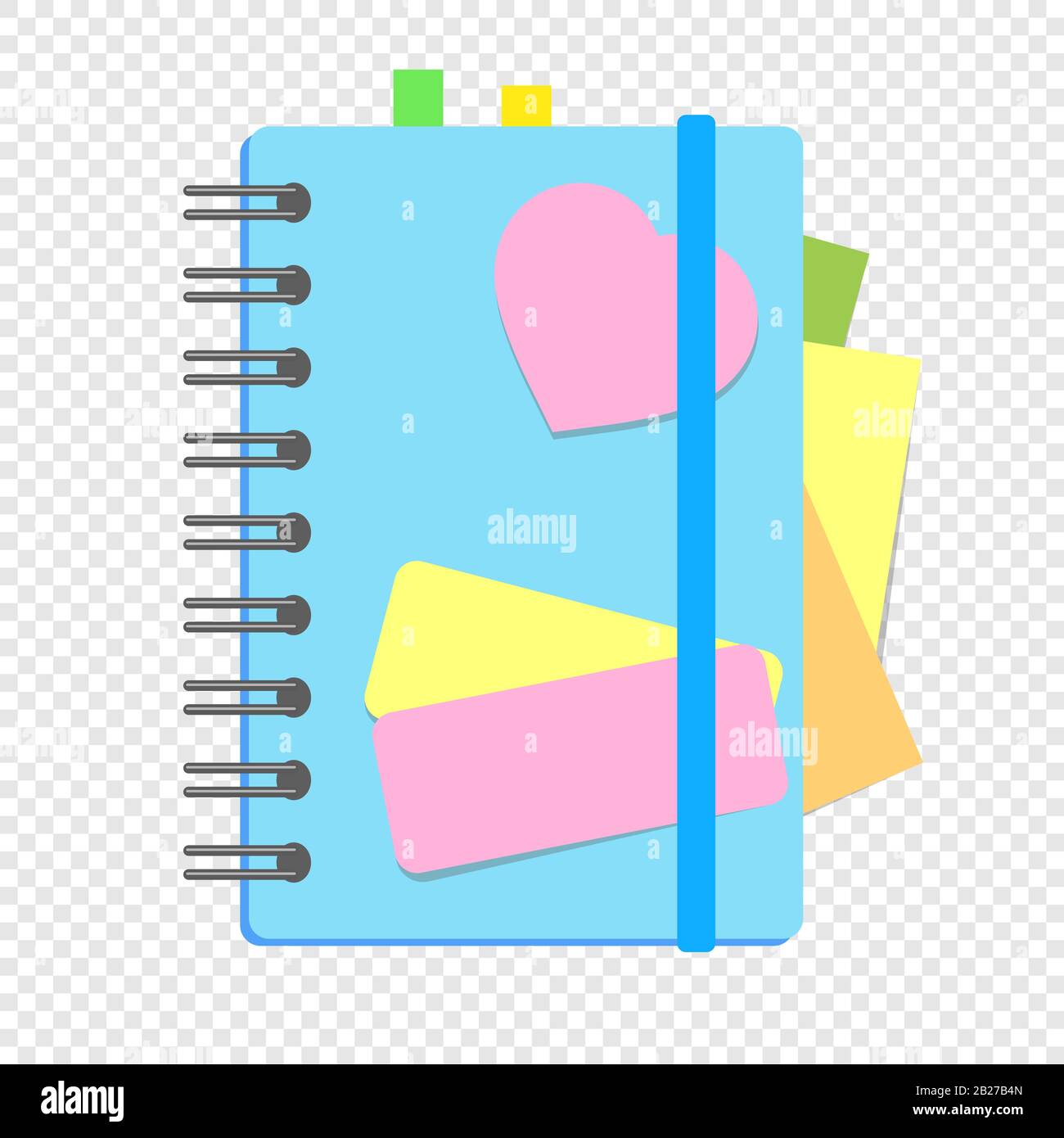 A colored closed notebook on a spring with bookmarks between pages. A ...